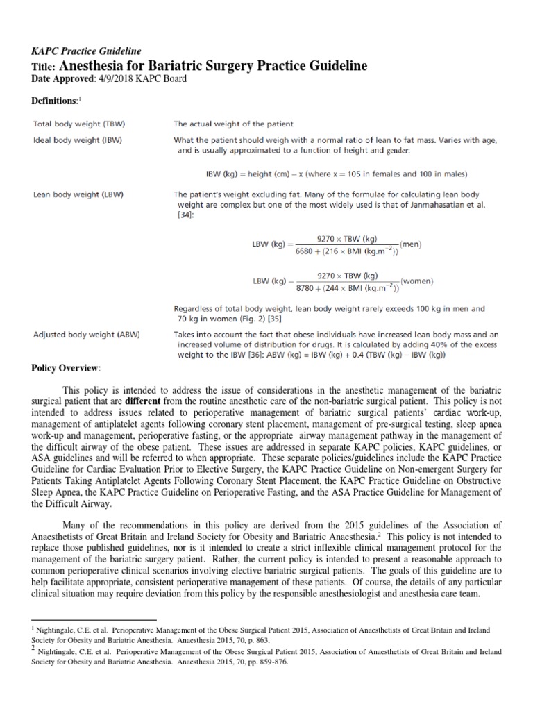 Anesthesia For Bariatric Surgery Practice Guideline - Approved 4 - 9 - 2018 - KAPC - PDF PDF ...