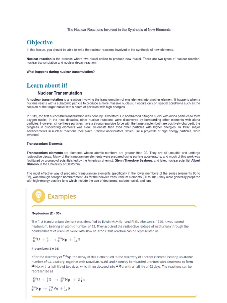 The Nuclear Reactions Involved in The Synthesis of New Elements | PDF ...