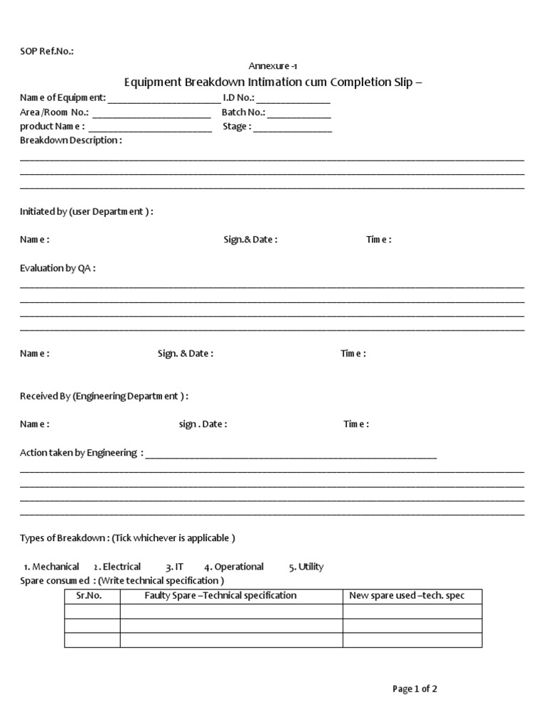 SOP Equipment Breakdown Report | PDF | Engineering | Science