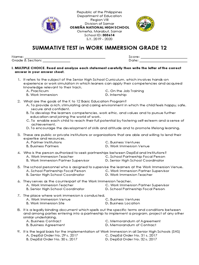 Summative Test S.Y. 2019 - 2020 | PDF | Human Factors And Ergonomics ...