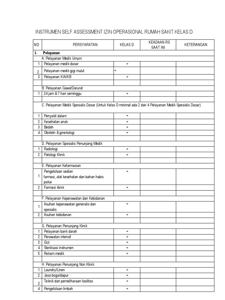INSTRUMEN SELF ASSESSMENT IZIN OPERASIONAL RUMAH SAKIT KELAS D - Edit | PDF