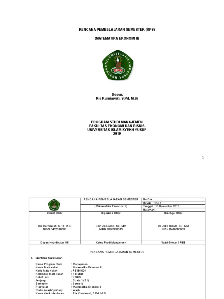 RPS Matematika Ekonomi Ii Template Baru | PDF