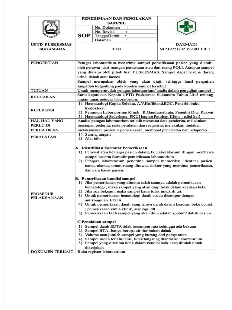 Sop Penerimaan Sampel Dan Penerimaan Pasien | PDF