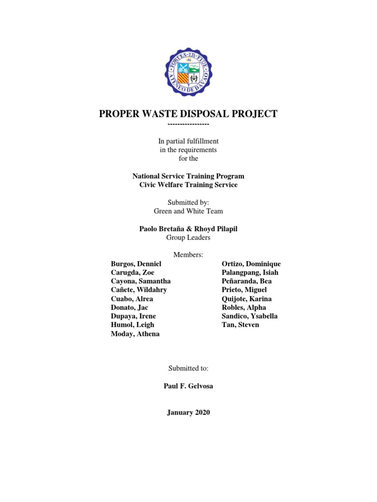 Proper Waste Disposal Project Proposal | PDF | Waste Management | Goal