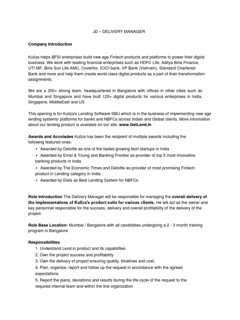 Delivery Manager - Job Description | PDF | Project Management ...