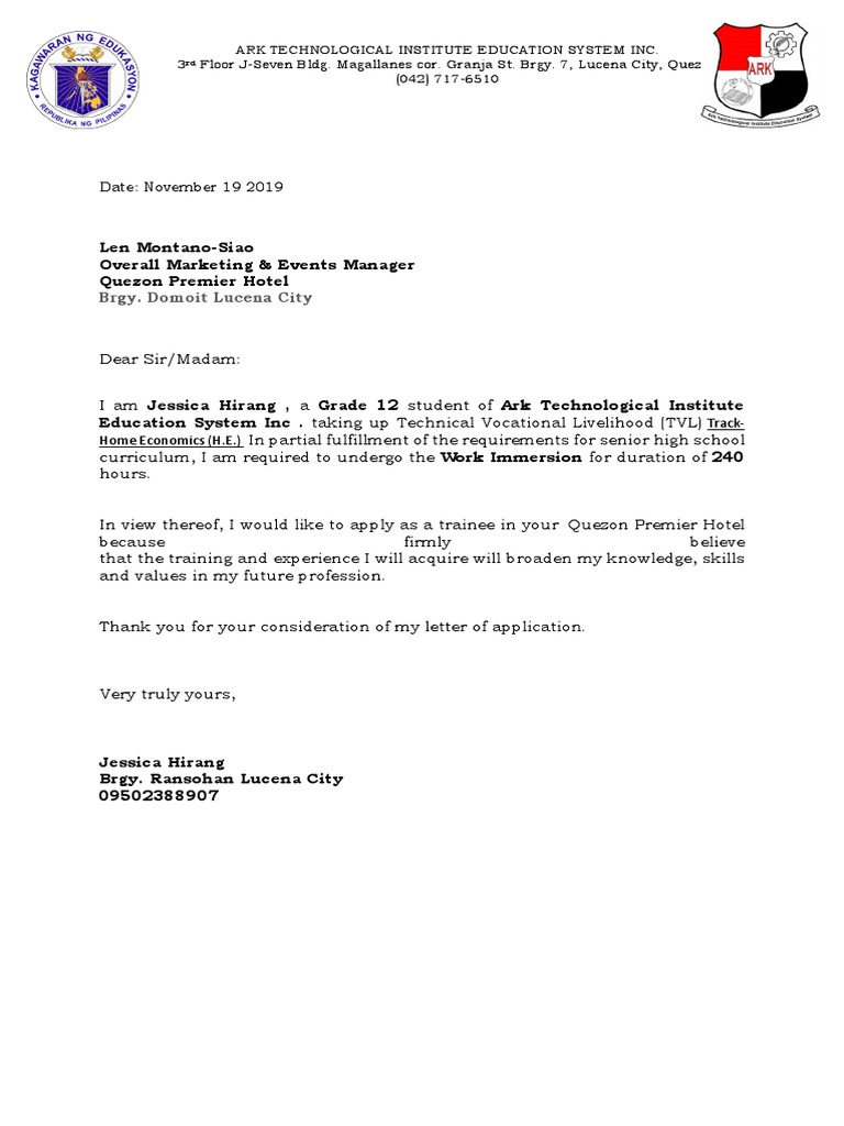 Work Immersion Letter | PDF | Government