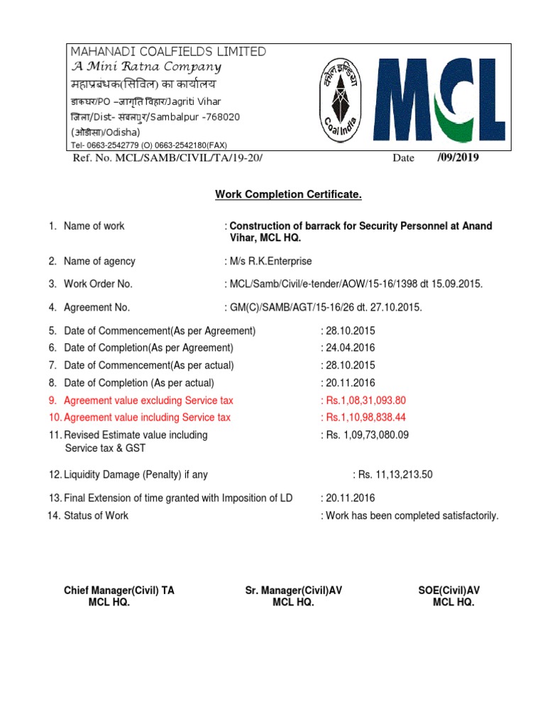 Work Completion Certificate | PDF