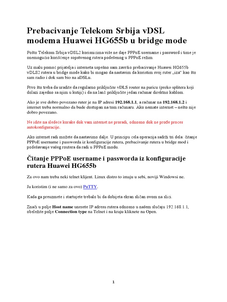 Prebacivanje Telekom Srbija VDSL Modema Huawei HG655b U Bridge Mode | PDF