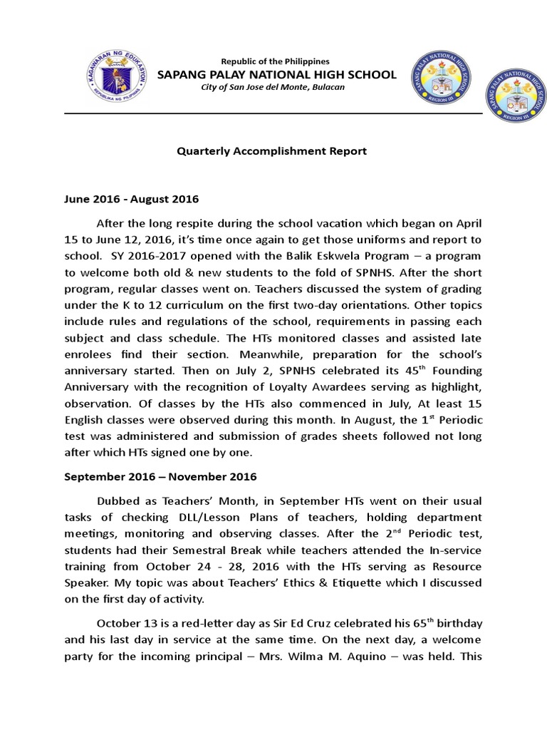 Quarterly Accomplishment Report | PDF | Teachers | Test (Assessment)