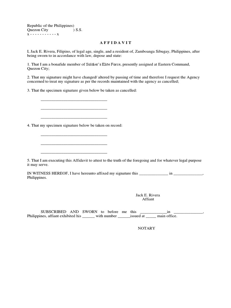 Affidavit For Change of Signature Sample | PDF