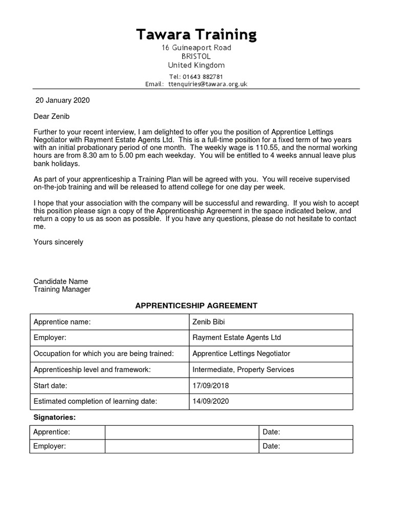 Apprenticeship Offer Letter | PDF | Apprenticeship | Working Conditions