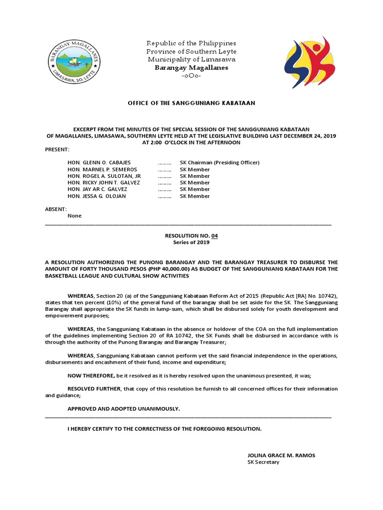 Resolution SK Authorizing Disbursement | PDF | Philippines | Government