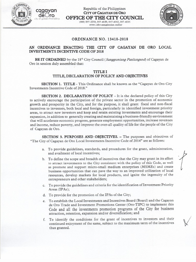 Local Investment and Incentive Code 2018 of Cagayan de Oro | PDF