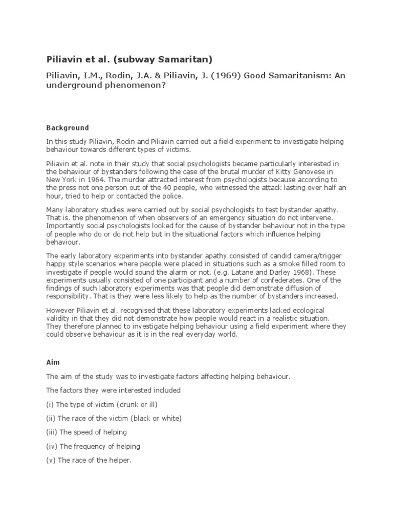 Piliavin Et Al GOOD SAMARITAN | PDF | Experiment | Social Psychology