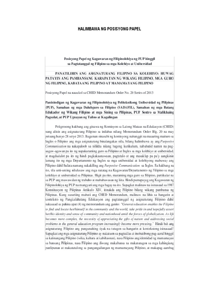 Halimbawa NG Posisyong Papel | PDF