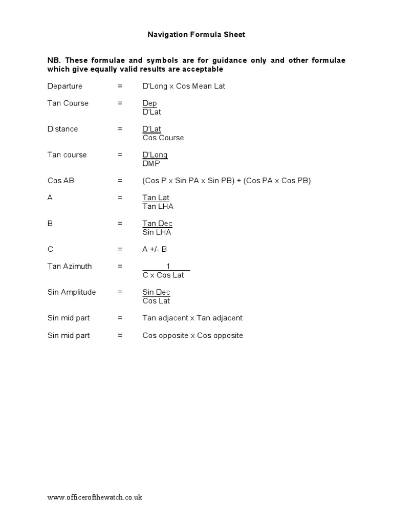 Formula Sheet Navigation PDF | PDF