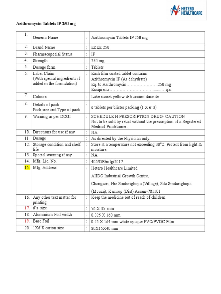 Azithromycin Tablets IP 250 mg: A Detailed Description of the ...
