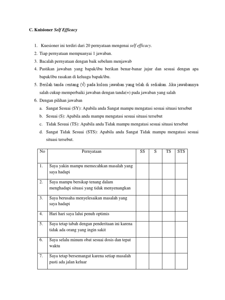 Kuisioner Self Efficacy | PDF | Pengembangan Diri | Kesehatan Holistik
