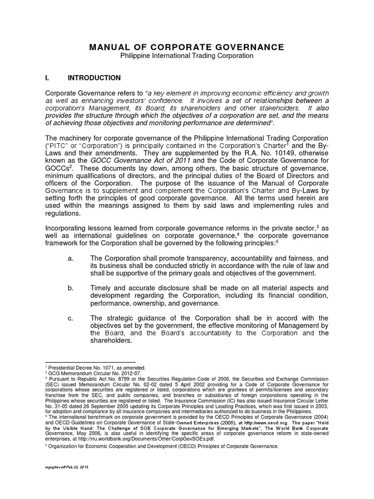 Manual of Corporate Governance | PDF | Board Of Directors | Corporate ...