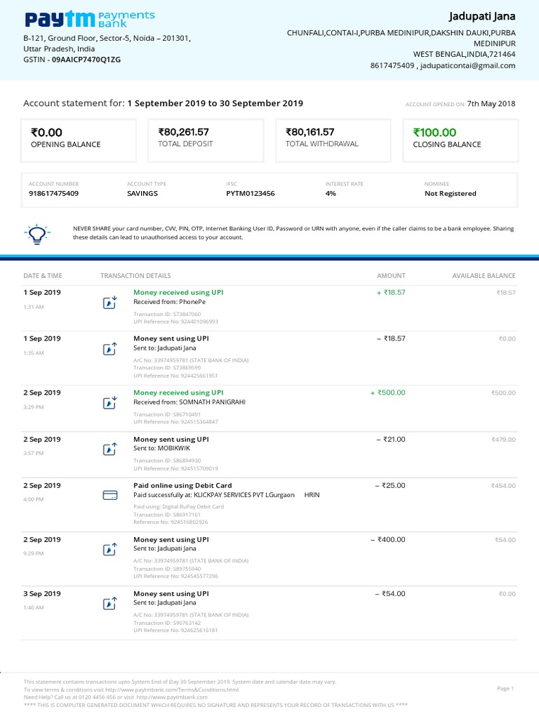 Statement Sep 19 XXXXXXXX5409 | PDF | Financial Transaction | Debit Card