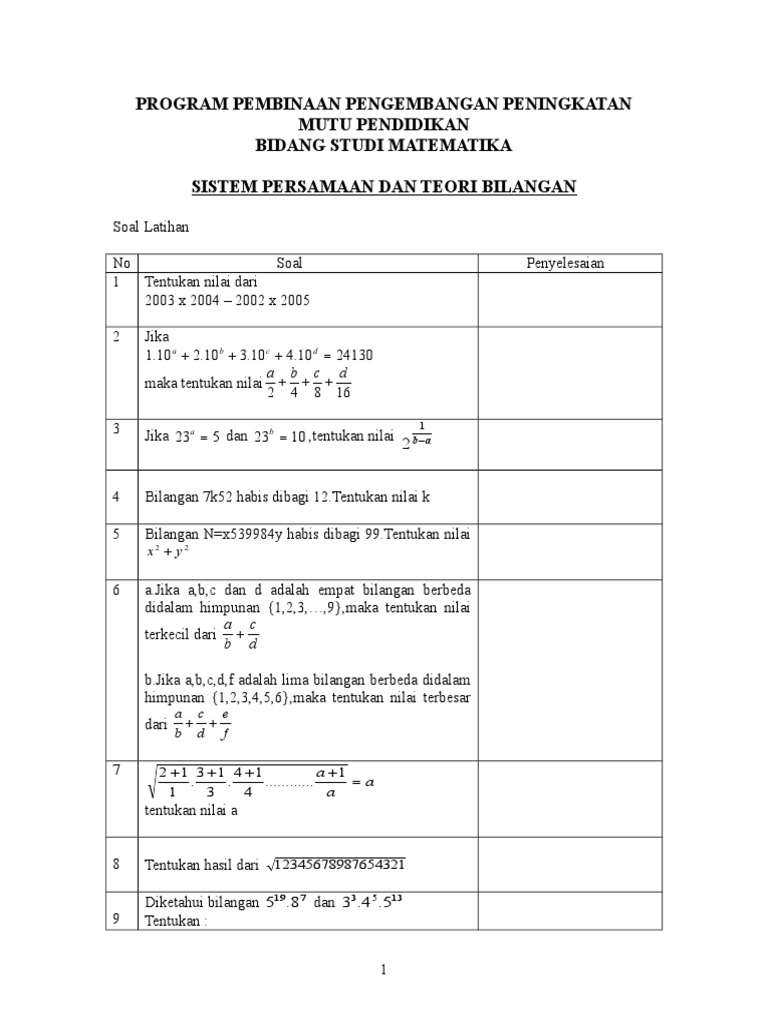 Soal Teori Bilangan dan Persamaan | PDF | Metode & Bahan Ajar | Sains ...