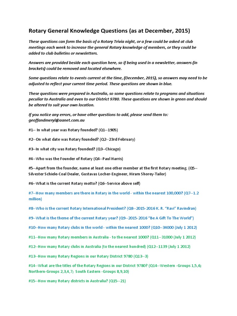 Rotary Trivia Questions for Clubs | PDF | Business | Social Science