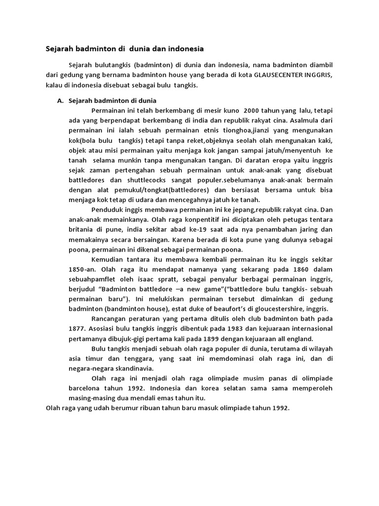 Sejarah Badminton Di Indonesia Dan Dunia | PDF