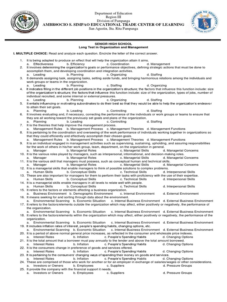 Long Test in Organization and Management | PDF | Self | Interest