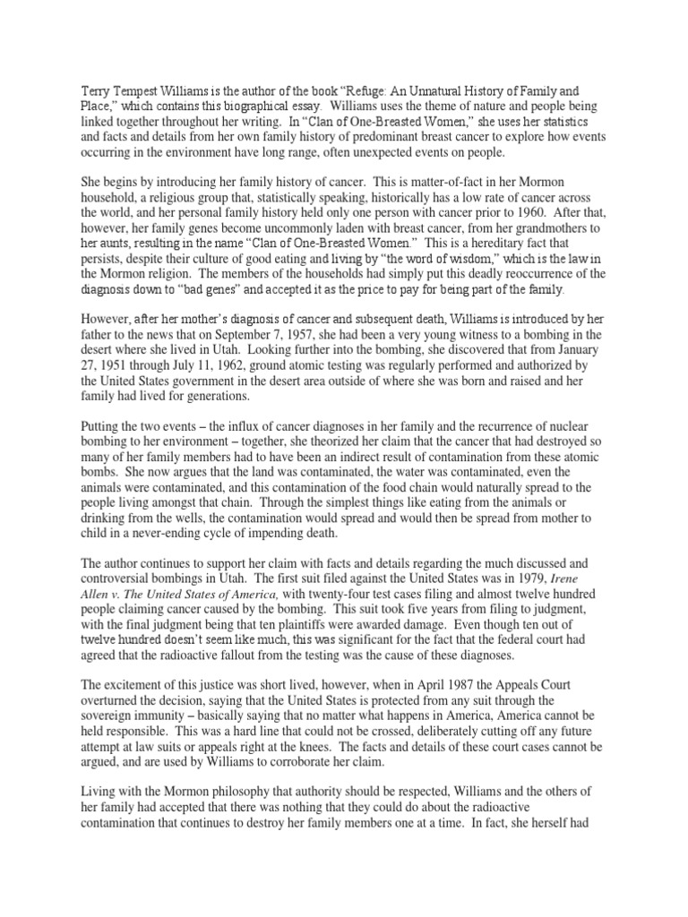 Analysis of "Clan of One-Breasted Women" by Terry Tempest Williams | PDF | Nature