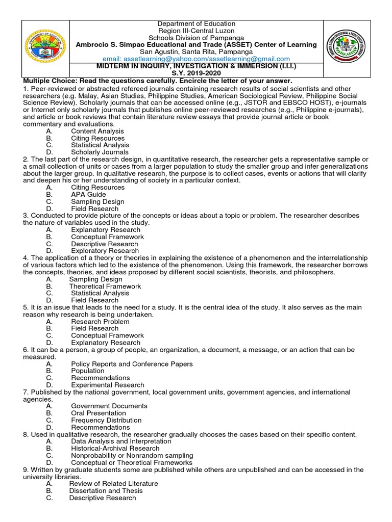 MID-term Test On Inquiries, Investigations, and Immersion | PDF | Data ...