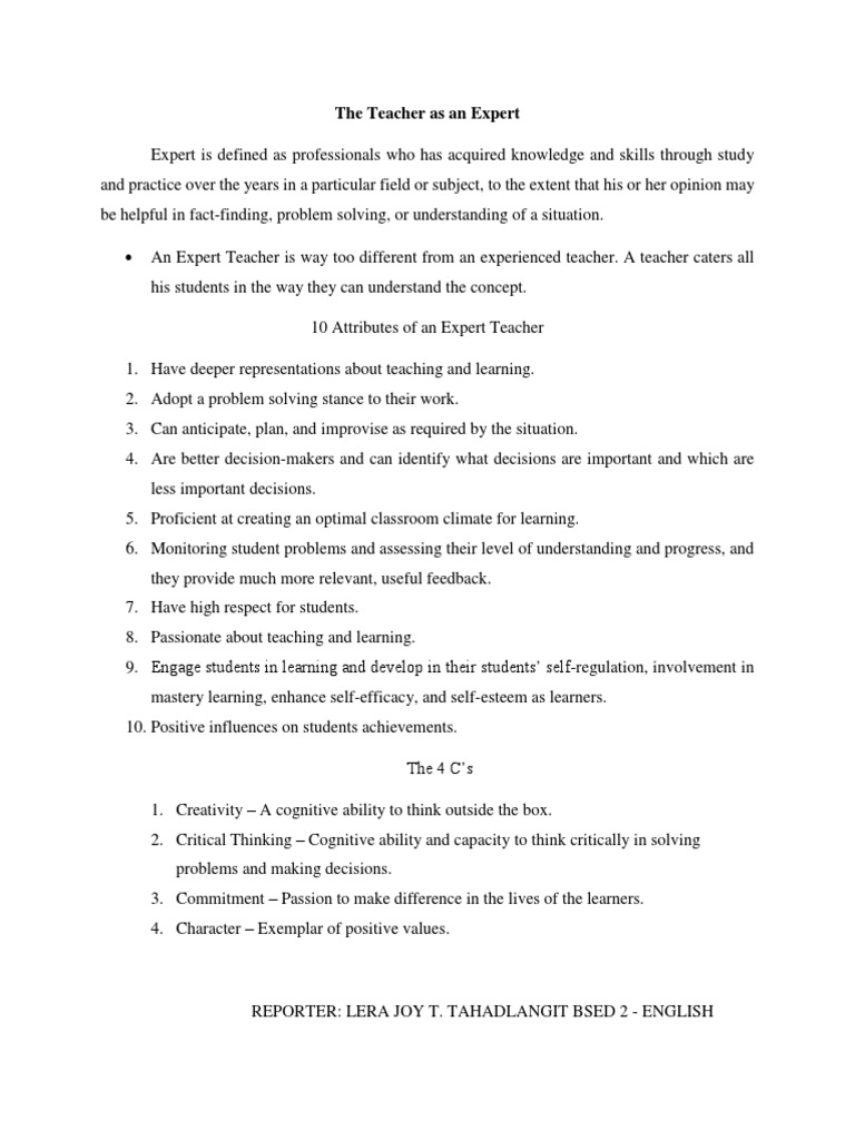 Expert Teacher Attributes and Roles | PDF