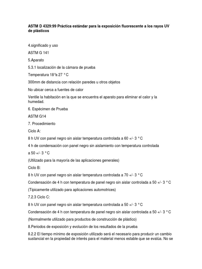Exposición UV de Plásticos según ASTM D4329 | PDF | Ultravioleta ...