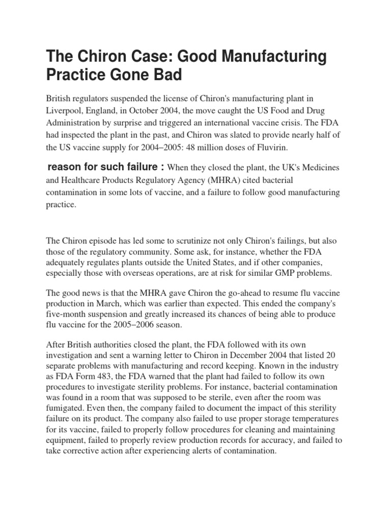 The Chiron Case - Docx GMP Case Study | PDF | Food And Drug ...