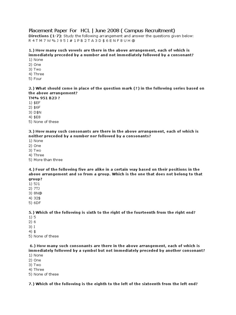 Placement Paper For HCL - June 2008 (Campus Recruitment) | PDF | Human Communication | Phonology