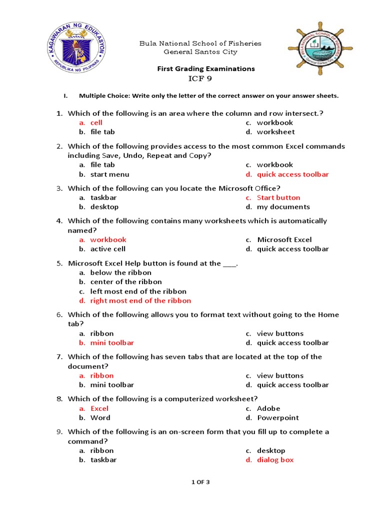ICF 1st Grading Exams Answer Key | PDF | Microsoft Excel | Graphical ...