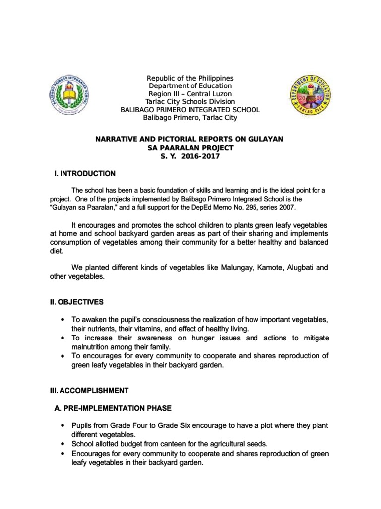 Gulayan sa Paaralan Narrative Report | PDF | Agriculture | Food And Drink