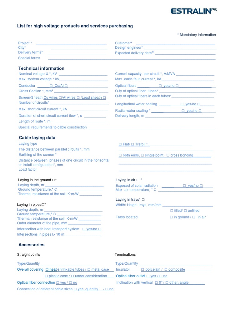 Estralin Cable RFQ Form | PDF | Optical Fiber | Electrical Resistance ...
