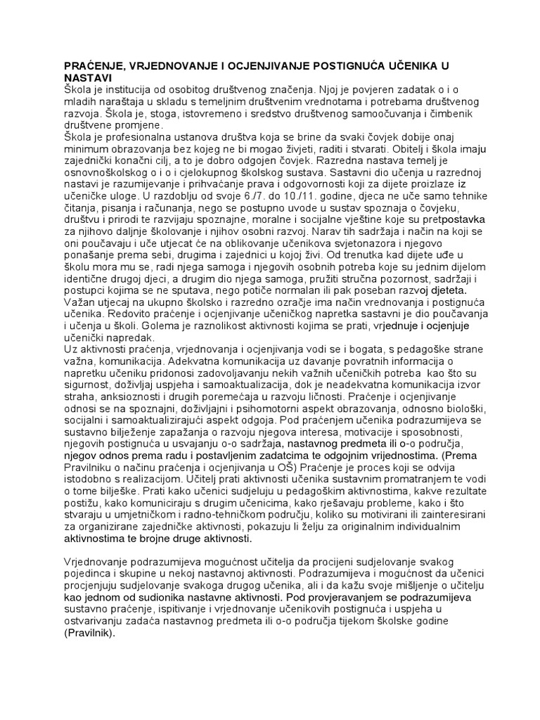 PRAĆENJE, VRJEDNOVANJE I OCJENJIVANJE Esej | PDF