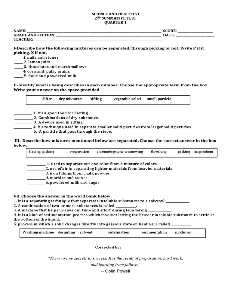 SUMMATIVE TEST (Separating Mixtures) 6 | PDF | Mixture | Solubility