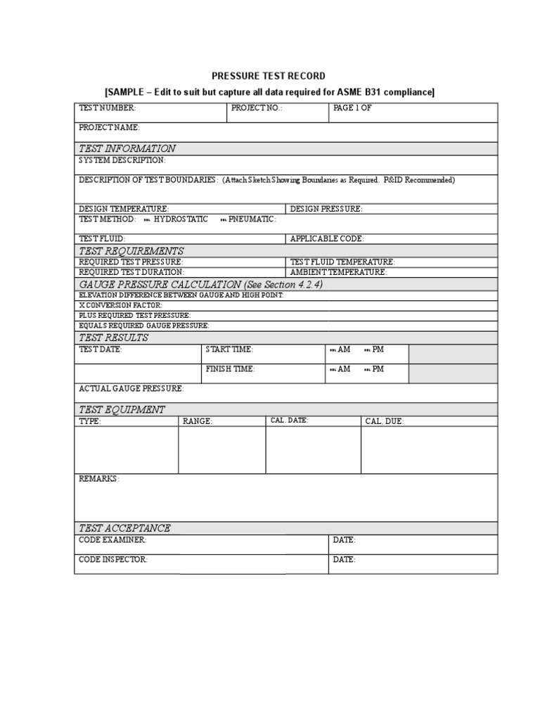 Pressure Test Sample Form R2 | PDF | Technology & Engineering