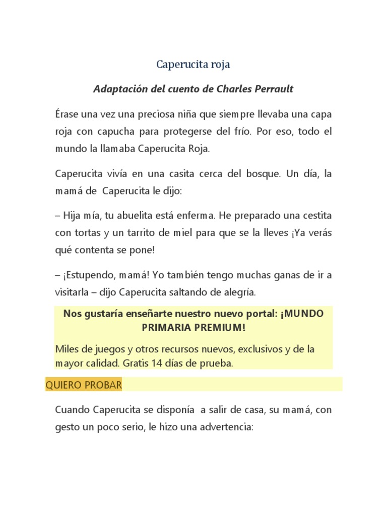 Resumen del cuento Caperucita Roja | PDF | Caperucita Roja