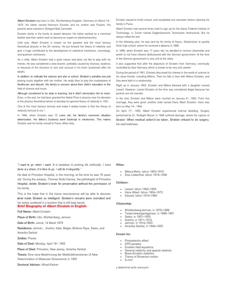 Albert Einstein Biography | PDF | Albert Einstein | Theoretical Physics