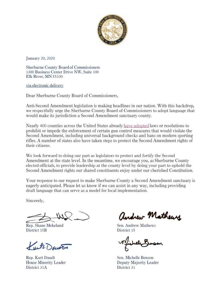 Legislator Letter To Sherburne County Board