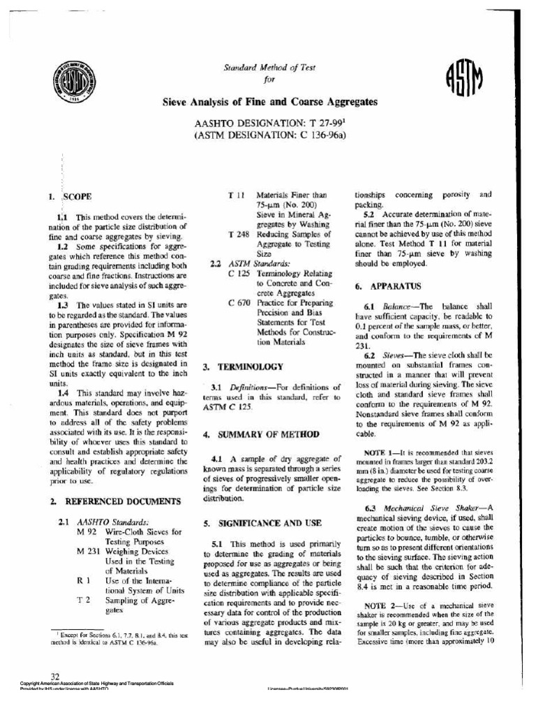 AASHTO T-27 Sieve Analysis of Fine and Coarse Aggregates | PDF ...