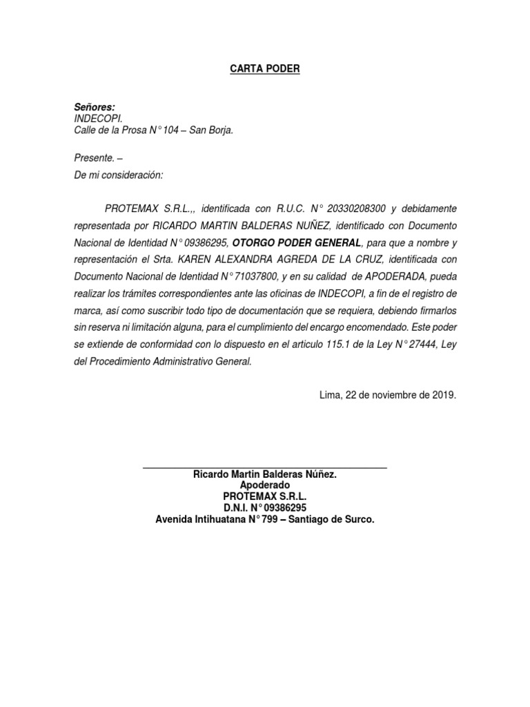 Carta Poder General Indecopi | PDF