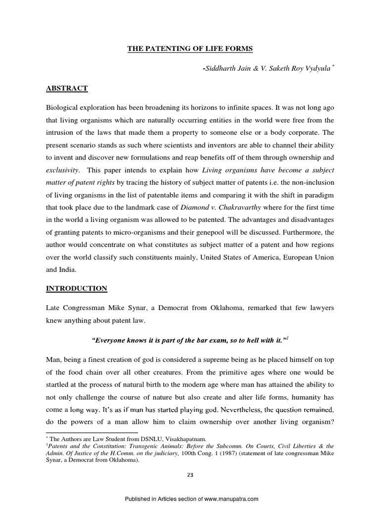 The Patenting of Life Forms, Article | PDF | Patent | Invention