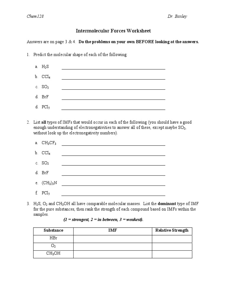 Intermolecular Forces Worksheet With Key | PDF | Chemical Polarity ...