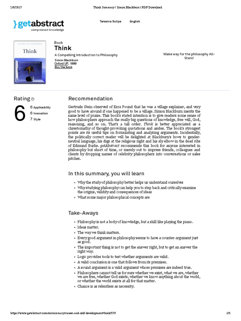 Think Summary Simon Blackburn PDF Download PDF | PDF | Free Will | Determinism