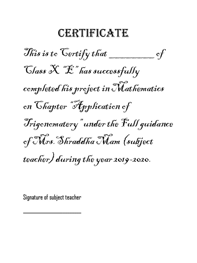 Certificate For Maths Project First Page | PDF