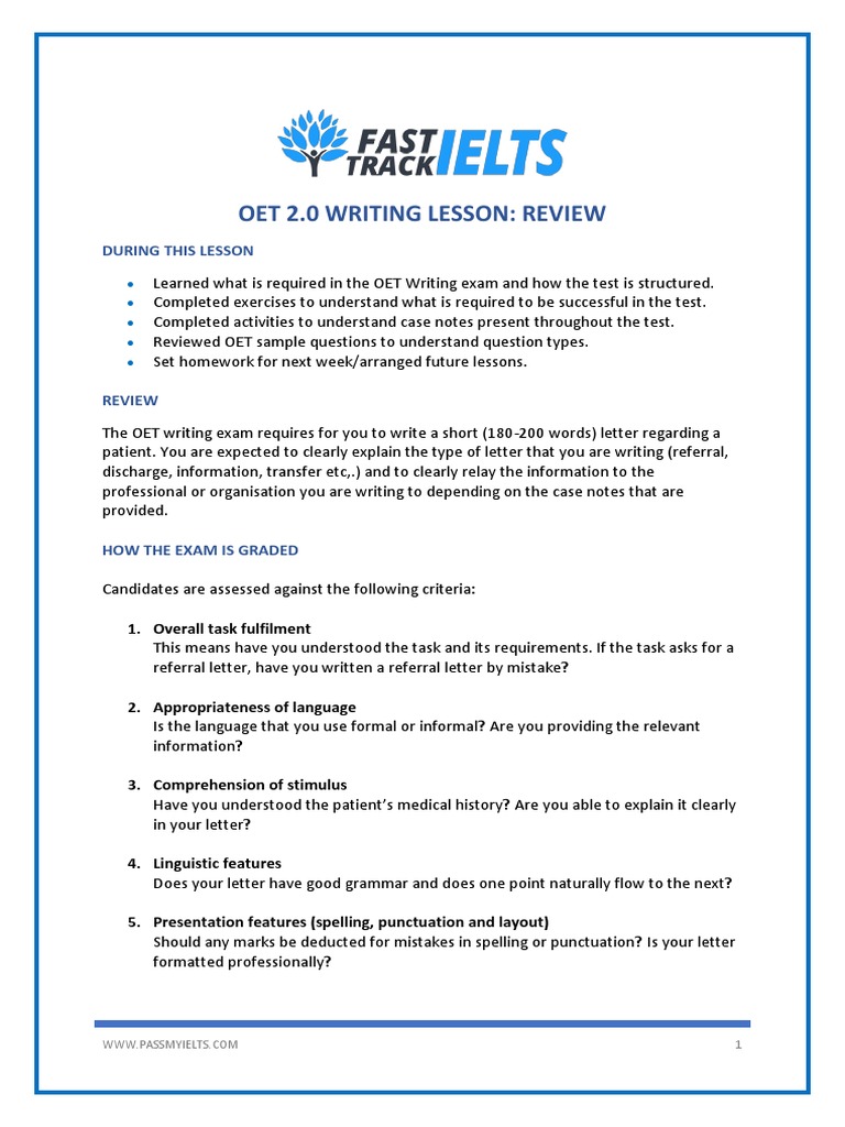 OET 2.0 Writing Guide for Nurses | PDF | Subject (Grammar ...